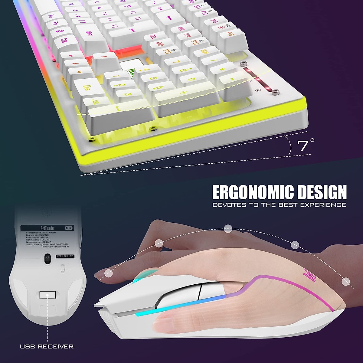 RedThunder K10 Wireless Gaming Keyboard and Mouse Combo, LED Backlit Rechargeable 3800mAh Battery, Mechanical Feel Anti-ghosting Keyboard + 7D 3200DPI Mice for PC Gamer (White)