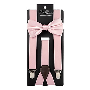 TIE G Solid Color Men's Suspender + Woven Bow Tie Set for Wedding : Vivid Color, Adjustable Brace, Strong Enhanced Clip, Elastic Band (Blush)