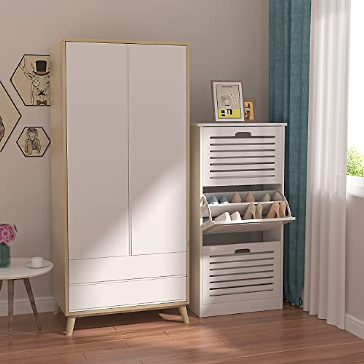 3 Flip Drawers Shoe Cabinet, Wooden Freestanding Shoe Rack, White Shoe Storage Cabinet for Entryway, Living Room, and Corridor