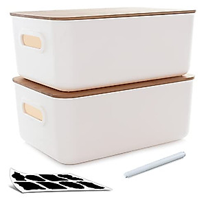 Citylife 2 PCS Storage Bins with Bamboo Lids Plastic Storage Containers for Organizing Stackable Storage Box with Handle, 15.12 x 10.67 x 5.98 inch
