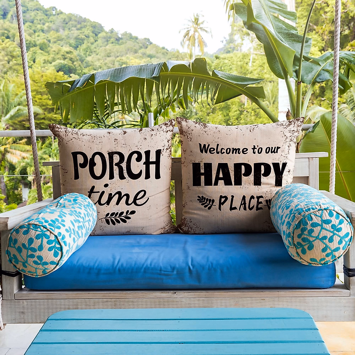 DFXSZ Summer Retro Outdoor Throw Pillow Covers 18x18 Inch Set of 4 Welcome to Our Porch Sign and Breathe Letter Decor Pillow Covers for Swing Garden Hammock Chair Sofa