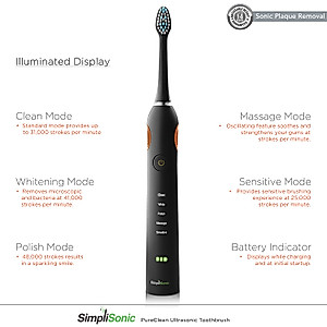 SimpliSonic Ultrasonic Rechargeable Electric Toothbrush Premium Package w/ 12 Heads (Black)