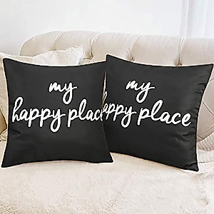 Black and White Outdoor Pillows 18x18 Inch Decorative Waterproof Throw Pillow Covers with My Happy Place for Patio Furniture Couch Tent Park Set of 2,Black