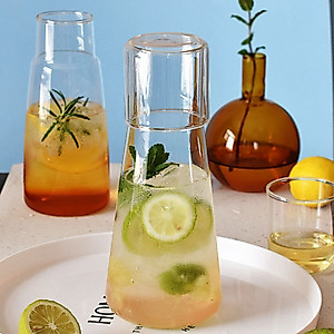 NDSWKR 2 Sets Bedside Water Carafe with Tumbler Glass, 800 ML Bedside Night Carafe Pitcher and Water Glass, Glass Water Pitcher with Cup for Bathroom, Bedroom, Kitchen, Living Room, Office (26 Oz)