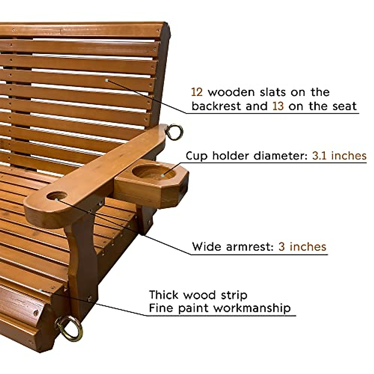 Wooden Porch Swing 2-Seater, Bench Swing with Cupholders, Hanging Chains and 7mm Springs, Heavy Duty 800 LBS, for Outdoor Patio Garden (Brown, 4 FT Extra Large)