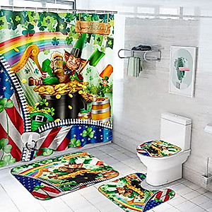 4 Pcs Happy St.Patrick's Day Shower Curtain Sets with Non-Slip Rugs, Toilet Lid Cover and Bath Mat, Gnome with Shamrock Shower Curtain with 12 Hooks, Waterproof Irish Bathroom Set for St. Patty's Day