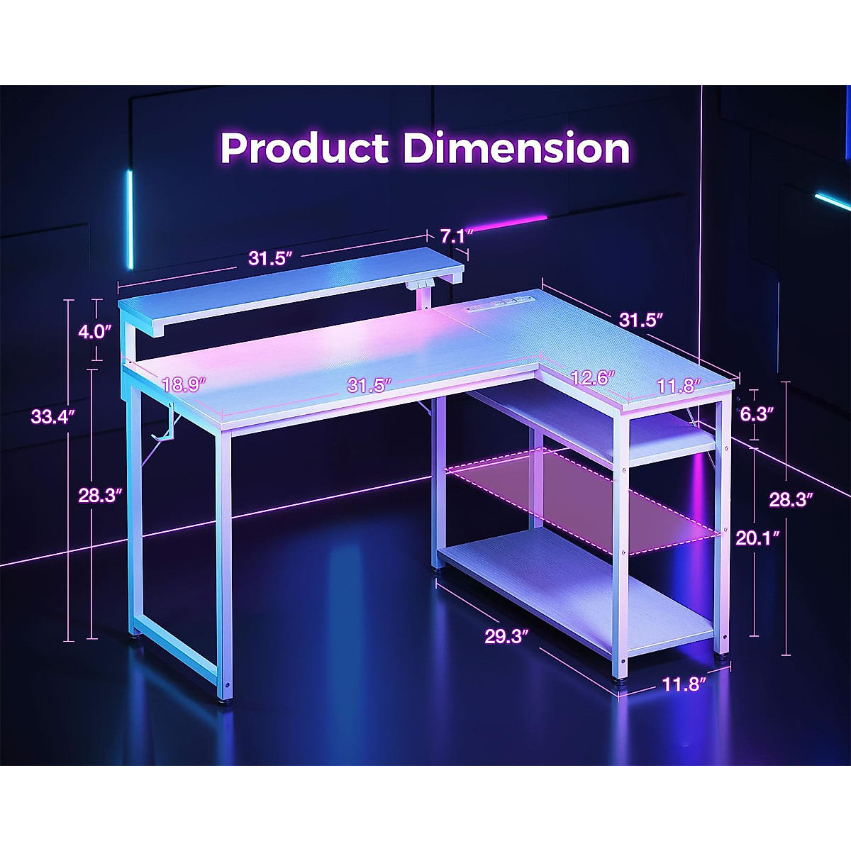MOTPK White L Shaped Gaming Desk with Power Outlet, Reversible Computer Desk with Height Adjustable Monitor Stand, Coner Desk 43inch with LED Lights, Home Office Desk