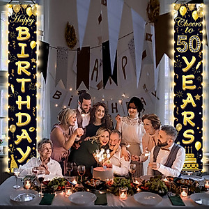 50th Birthday Party Banner Lighted Decorations for Women Men 50 Year Old Lighted Door Banners Black Gold Cheers to 50 Years Birthday Party Supplies Porch Sign with LED Light for Outside Lighted Decor