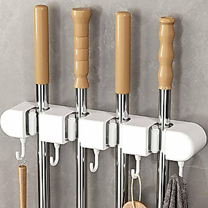 Punch Free Multifunctional Mop Holder for Wall, Multifunctional Mop Holder With Hook, Broom Mop Holder Garden Tool Organizers Storage Rack, Heavy Duty Self Adhesive Mop Holder Wall Mounted (White D)