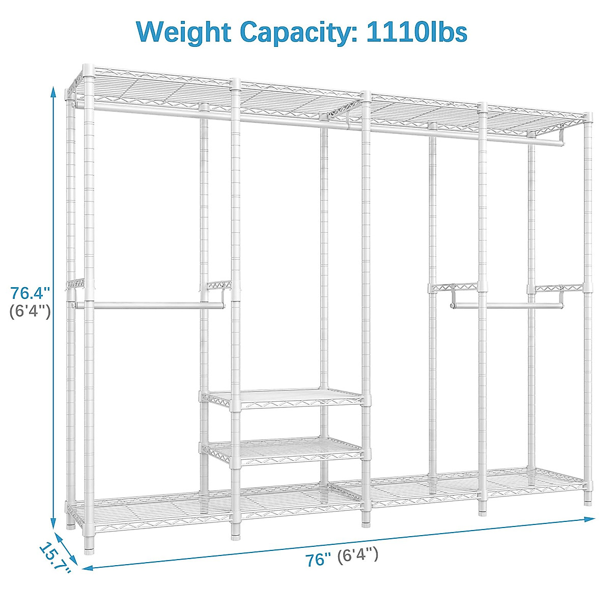 VIPEK V40 Wire Garment Rack Heavy Duty Clothes Rack for Hanging Clothes, Multi-Functional Bedroom Clothing Rack Freestanding Closet Wardrobe Rack, 76" L x 15.7" W x 76.4" H, Max Load 1110lbs, White
