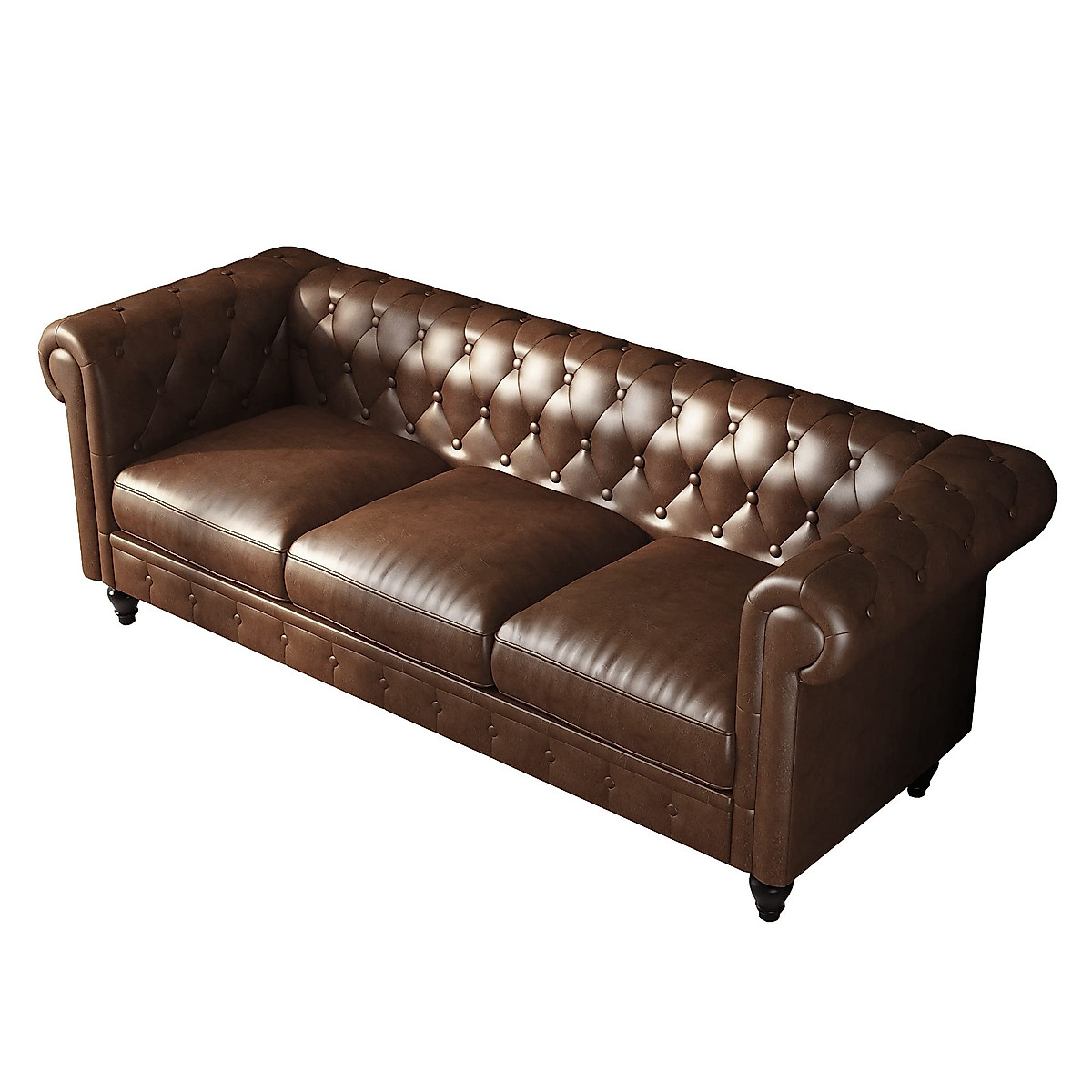 Lunanniu 88.2 Inch Classic Chesterfield Style PU Leather Sofa Rolled Arms Couch with Tufted Back Solid Wood Legs 3-Seater Couch for Living Room Elegant and Timeless Design Comfortable Seating Brown