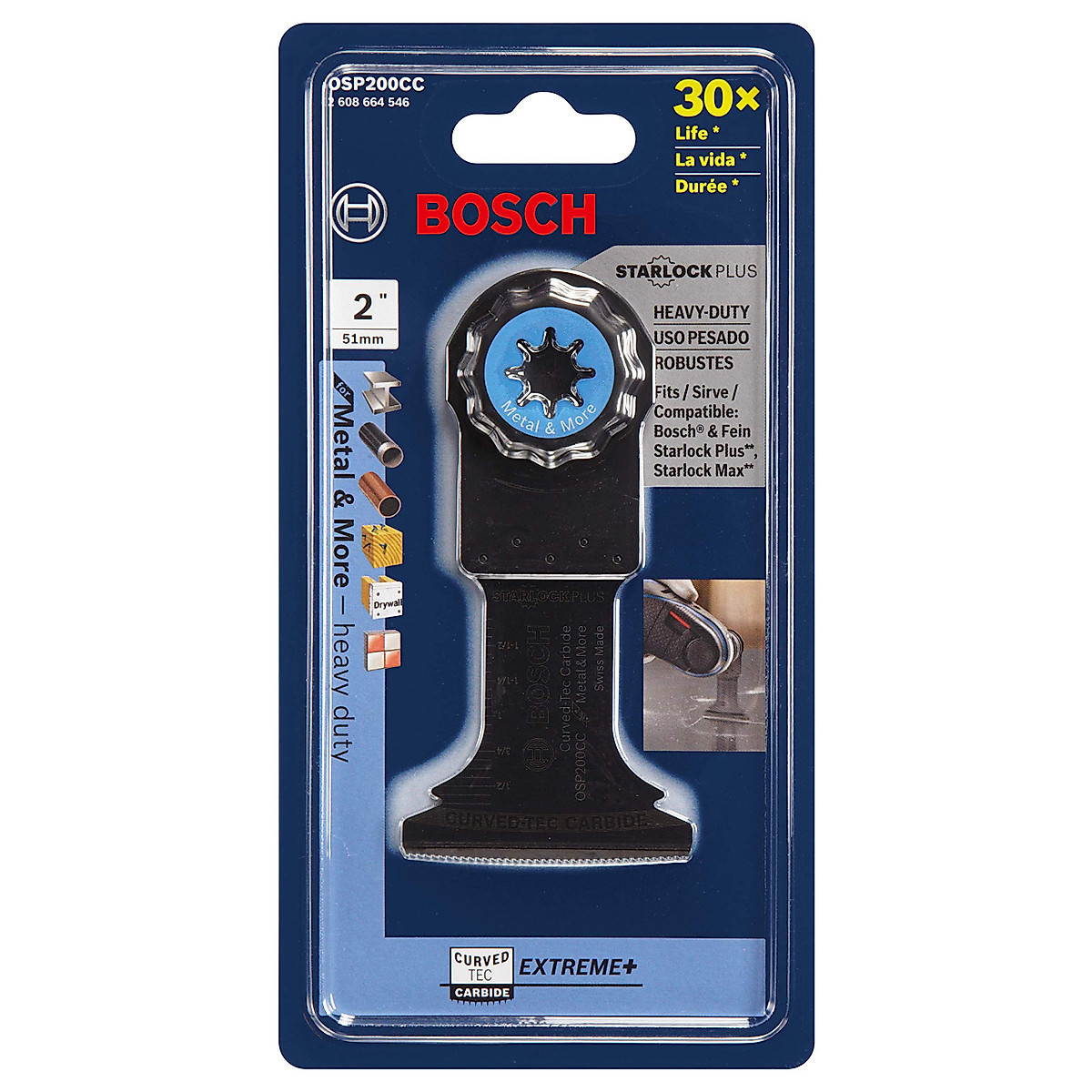 BOSCH OSP200CC 1-Piece 2 In. StarlockPlus Oscillating Multi Tool Metal & More Curved-Tec Carbide Extreme Plunge Cut Blade for Heavy-Duty Applications in Metal (Nails and Staples), Wood with Nails, PVC