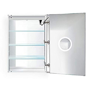 Krugg LED Medicine Cabinet 24 Inch X 36 Inch | Recessed or Surface Mount Mirror Cabinet w/Dimmer & Defogger + 3X Makeup Mirror Inside & Outlet + USB - Right Side