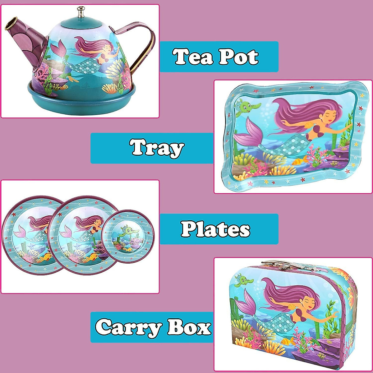 Mermaid Teapot Set for Kids Tea Party Kitchen Pretend Play - 15 Piece Under The Sea Metal Tea Time Toy for Girls