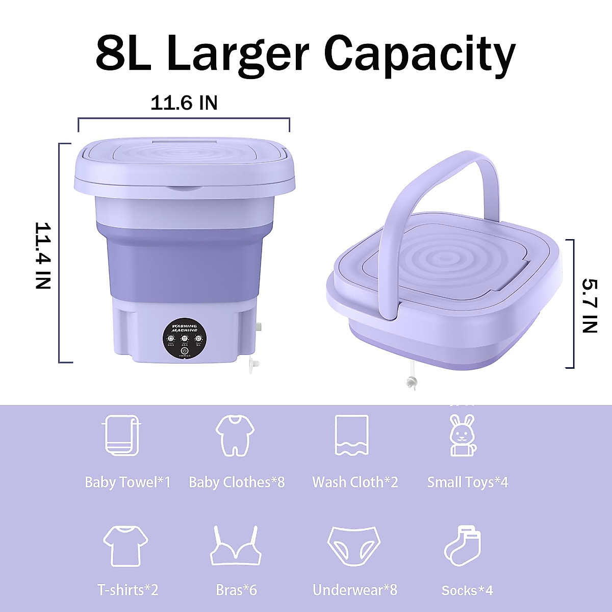 Oivley Portable Washing Machine Foldable, Small Washing Machine with 3 Modes Deep Cleaning, Mini Washer for Baby Clothes, Underwear or Small Items, Apartment, Dorm, Camping, RV, Travel, Laundry-Purple