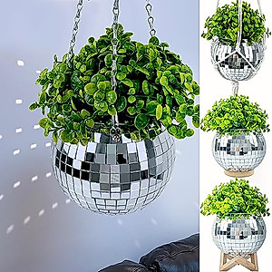 Disco Ball Planter, 6" Creative Mirror Ball Hanging Planters for Indoor Plants with Chain, Macrame Rope, Wooden Stand, Disco Ball Plant Hanger for Valentine's Decorations Hanging Plant, 1 piece