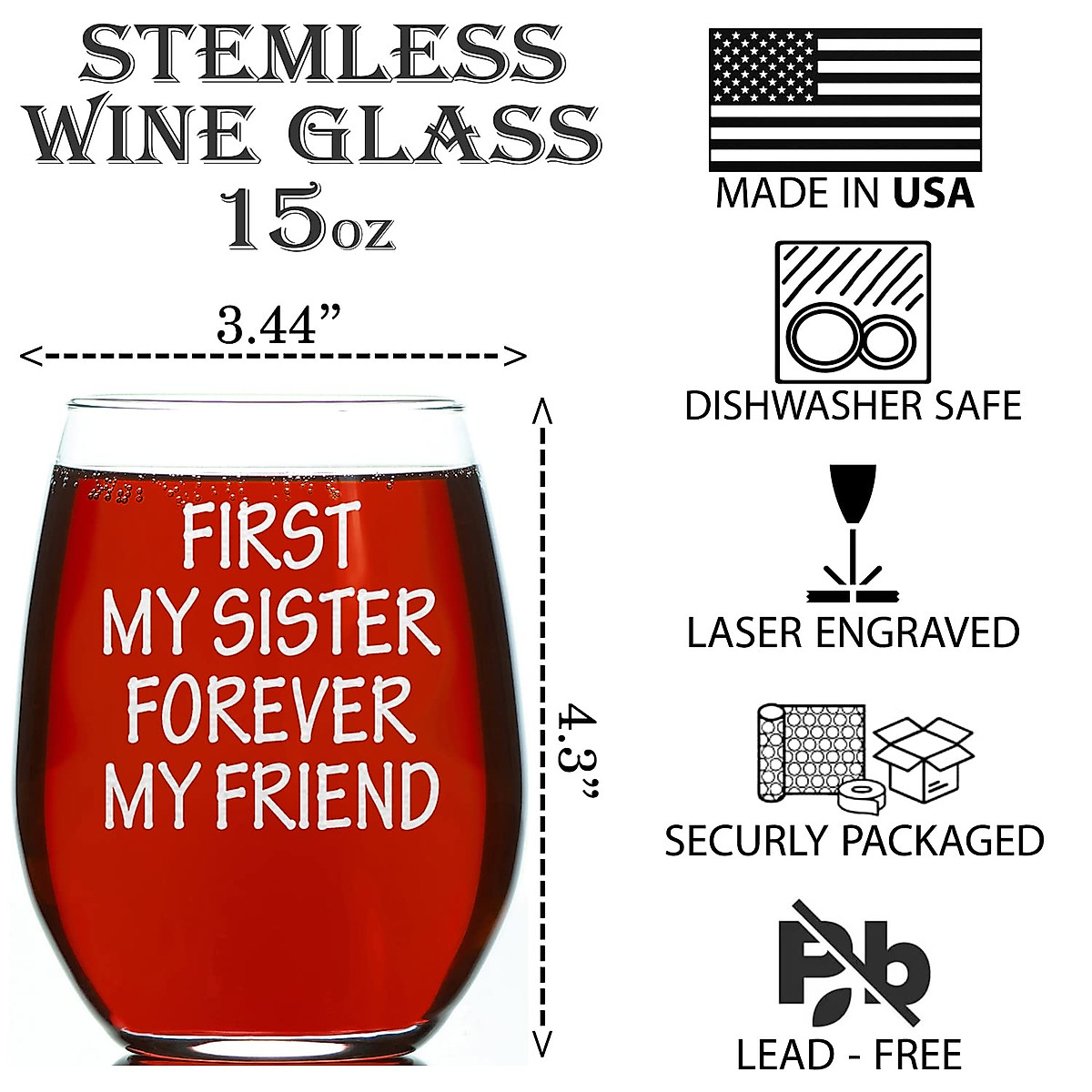 CARVELITA First My Sister Forever My Friends 15oz Engraved Stemless Wine Glass, Sarcastic Gifts For Best Friends, Best Gift For Sister, Funny Gift Idea