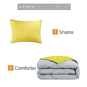 Comfort Spaces Vixie Reversible Comforter Set - Trendy Casual Geometric Quilted Cover, All Season Down Alternative Cozy Bedding, Matching Sham, Grey/Yellow, Twin/Twin XL 2 piece