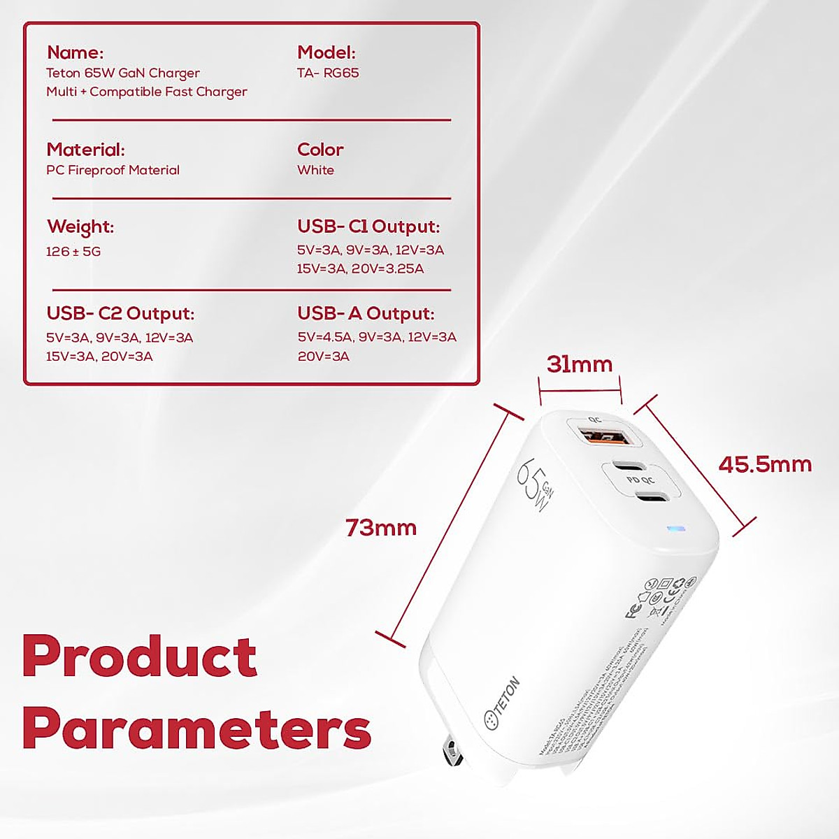 65W USB C Charger TETON ELECTRONICS, 3-Port Fast GaN Charger Block,Foldable Wall Charger Laptop Charger for MacBook Pro/Air, Dell XPS, iPhone 15 Pro Max/14/13, iPad Pro, Galaxy S23/S22, Steam Deck