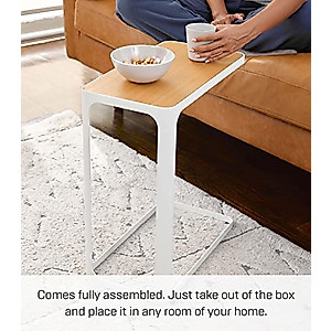 Yamazaki Home Small Metal and Wood Bedside Compact Side Table for Modern Living Room - Narrow C Shaped Slim End Table Steel One Size White