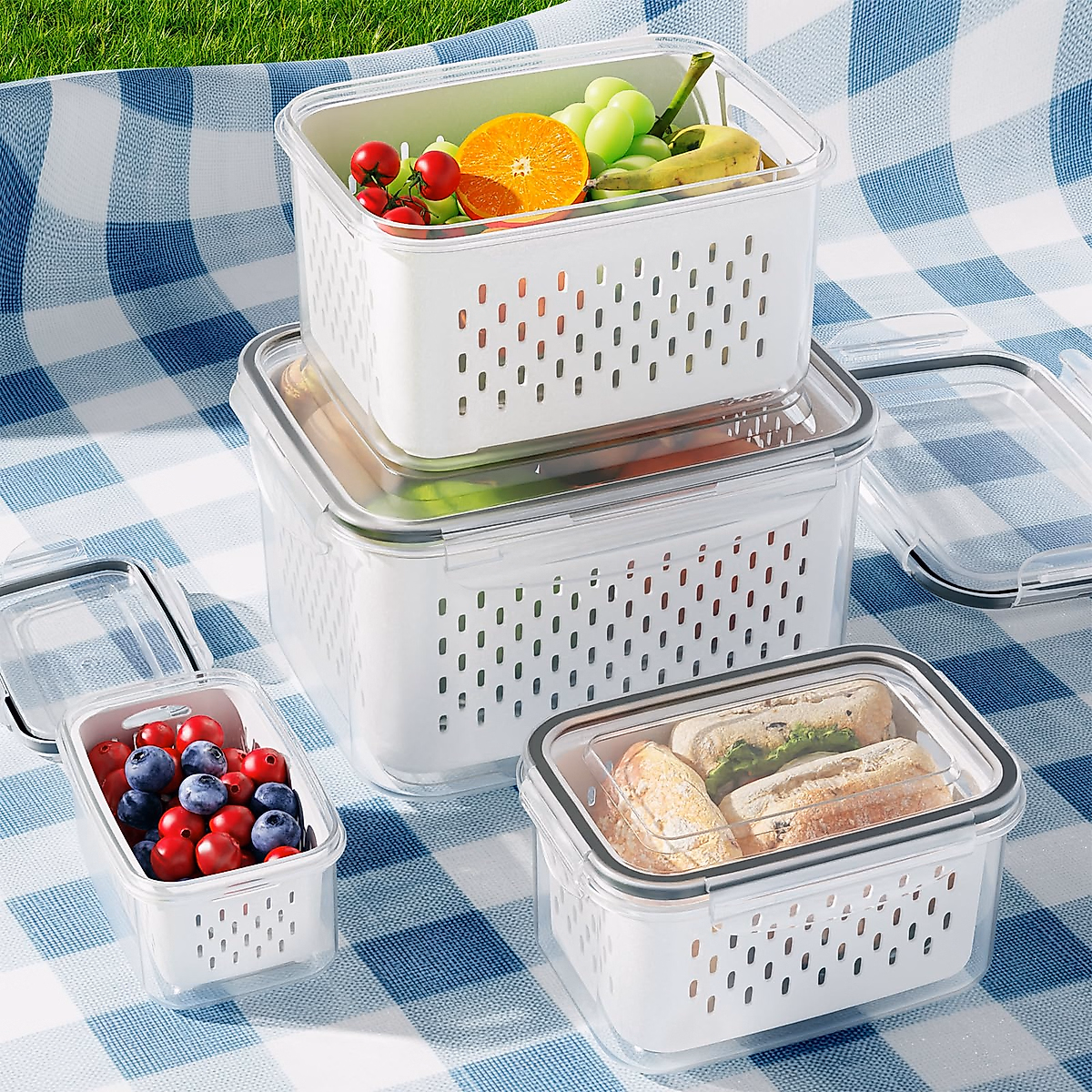 Extra Large 7 Pack Fruit Containers for Fridge,Stackable Refrigerator Organizer Bins with Removable Colander,Dishwasher & Microwave Safe Produce Containers Keep Fruits, Vegetables, Meat Fresh longer