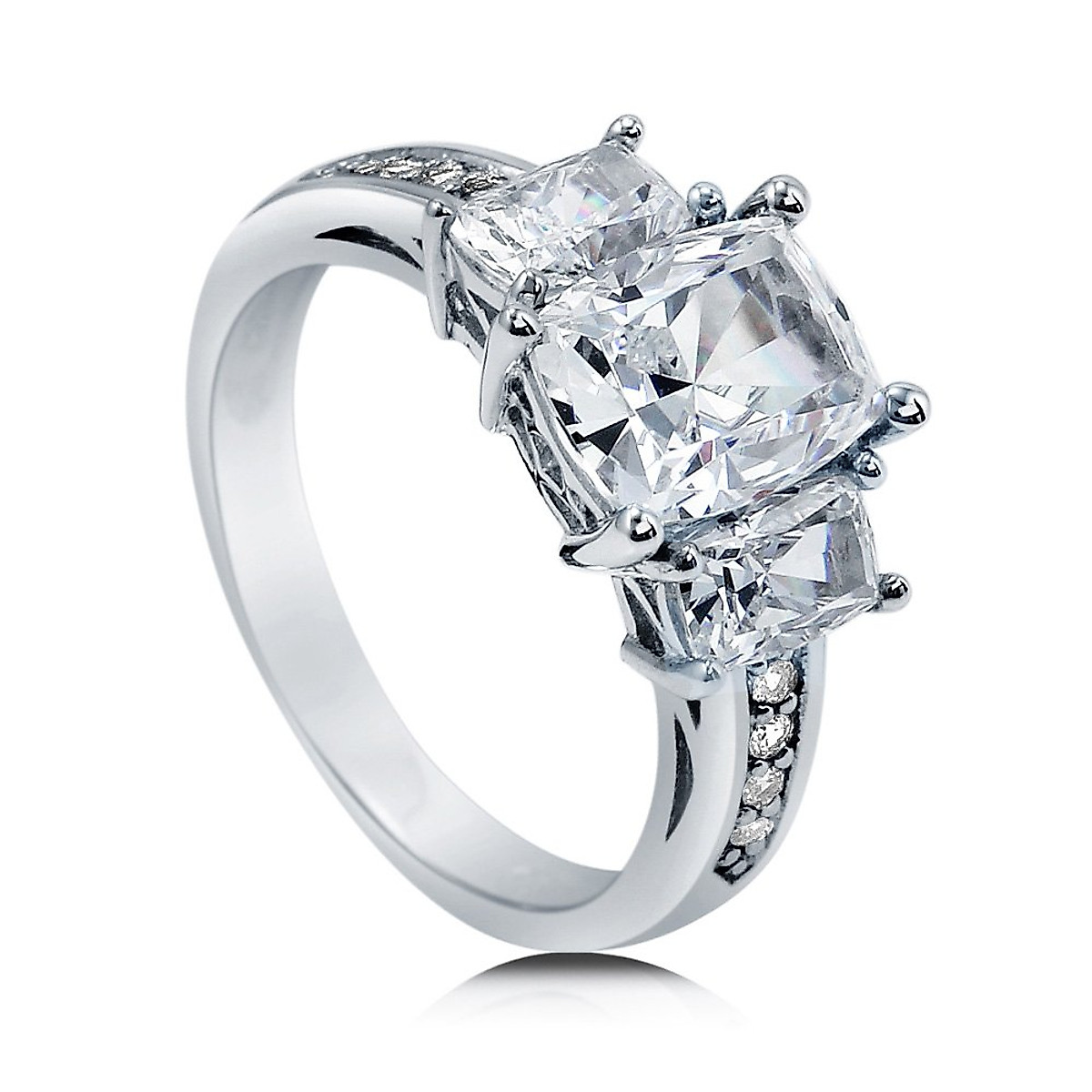 BERRICLE Sterling Silver 3-Stone Wedding Engagement Rings Cushion Cut Cubic Zirconia CZ Ring for Women, Rhodium Plated Size 6