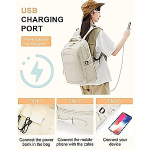 Travel Laptop Carry on Backpack for Women Men, Airline Flight Approved Waterproof 14 Inch Laptop Backpack, Casual Daypack College Personal item Bag Rucksack with USB Charging Port for Business, Beige