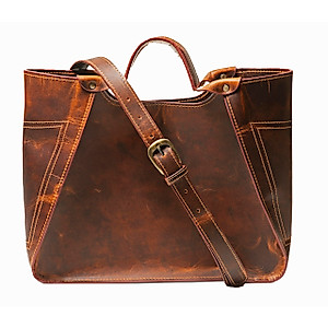 Genuine Full Grain Leather Shoulder Tote Bag for Women Large Handbag Designer Ladies Purse Satchel Travel Bag (Red Brown Tote Bag)