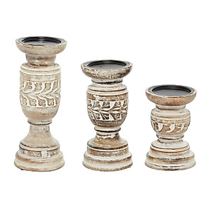 Deco 79 Wood Handmade Candle Holder with Carved Designs, Set of 3 6", 8", 10"H, Beige