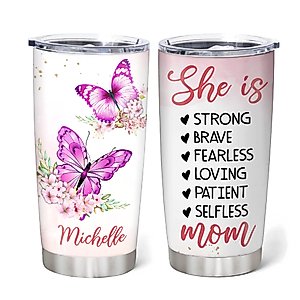 Hyturtle Personalized Gifts For Butterfly Lover - Birthday Christmas - She Is Mom Butterflies Print Custom Name Stainless Steel Tumbler 20oz With Lid - Gifts For Her Women Girl Friend Mom