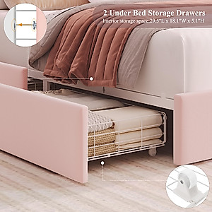 HOSTACK Twin LED Bed Frame with Storage Headboard and Charging Station, Girls Bed Frame with 2 Drawers and USB Ports, Velvet Upholstered Platform Bed Frame with Bookcase, No Box Spring Needed, Pink