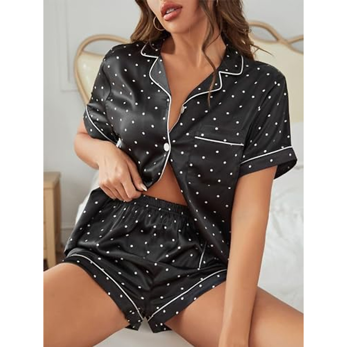 Marigulene Polka Dot Satin Pajama Set for Women Soft Pj Lounge Sets S-XXL