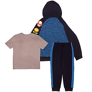 Nintendo Super Mario Video Game 3-Piece Set Boys Short Sleeve T-Shirt, Zip Up Hoodie, Jogger Pants 3-Pack Bundle Set (Size 8, Grey)
