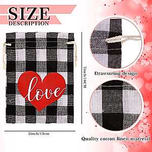 Whaline 25 Pack Valentine's Day Burlap Gift Bags Black White Buffalo Plaid Drawstring Bags Love Heart Prints Linen Pouches Sacks for Wedding Bridal Shower Party Favors Supplies, 5 x 7 Inch