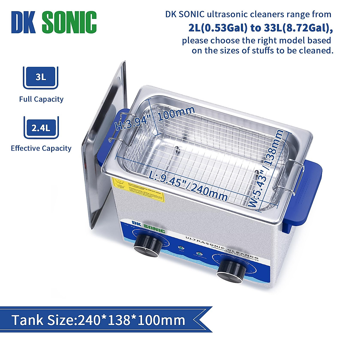 DK SONIC 3L Ultrasonic Cleaner,Stainless Steel Ultrasonic Jewelry Cleaner with Cleaning Basket,Timer and Heater,Mechanical Sonic Cleaner for Cleaning Carburetor Parts,Eyeglasses,Coins (110V,0.79Gal)