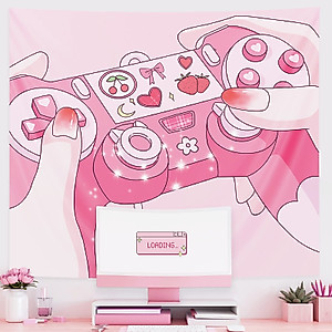 Pecfamly Cutecore Cute Pink Kawaii Anime Tapestry for Bedroom Teen Girl, Cutecore Kawaii Gamer Girl Anime Room Home Decor (59" x 51")