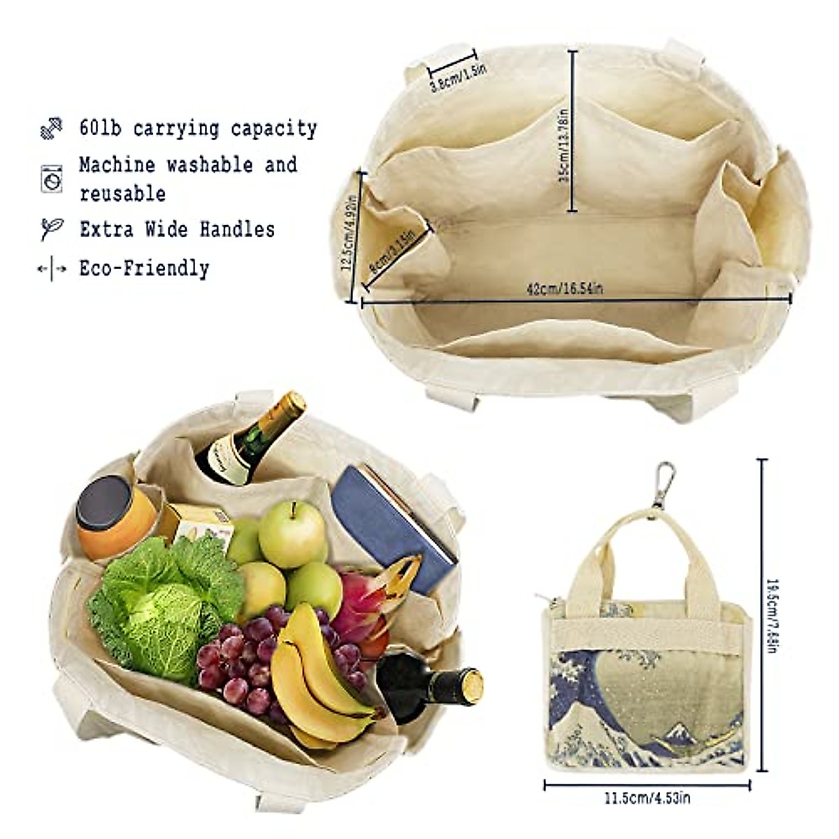 Reusable canvas shopping bag - with Coin Purse, Canvas Shopping Bag with Handle, Organic Cotton Shopping Bag, Heavy Duty Machine Washable Cloth Tote Bag, Japanese Culture Style Printed Pattern (D)