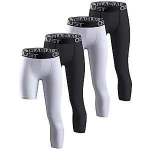 4 Pack Boys Youth 3/4 One Leg Compression leggings for Basketball Capri Tights 3/4 Compression Pants Boys White Black(Left)-XL