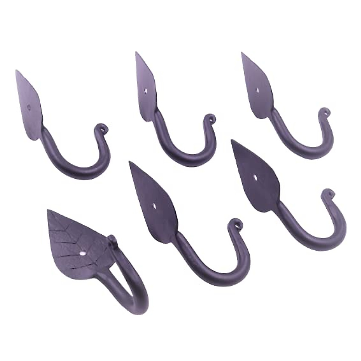 The Metal Magician Pack of 6 Coat Hooks Wall Mounted Leaf Style Single Robe Hanger Iron Blacksmith Key Holder Towel, Handbags, Hat Hanging Perfect for Bathroom, Kitchen, Living Room (Black)