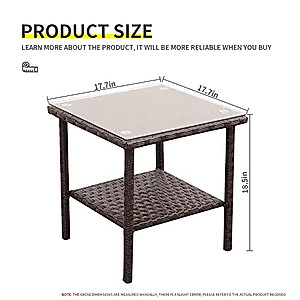 Patio PE Wicker Side Table Outdoor Resin Rattan Glass Top Square End Table with Two Shelves, Brown