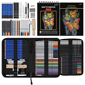 Prina 76 Pack Drawing Set Sketching Kit, Pro Art Sketch Supplies with 3-Color Sketchbook, Include Tutorial, Colored, Graphite, Charcoal, Watercolor & Metallic Pencil, for Artists Adults Teens Beginner