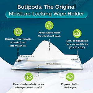 Butipods Reusable Travel Wipes Case - Portable Moisture-Retaining Pouch, Slim Holder and Convenient Container for Diaper Bag, Dispenser for Hand, Face, Makeup Removal, and Wet Wipes - Set of 2 (Clear)