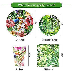 FVABO Hawaiian Luau Party Supplies Tableware - Aloha Tropical Party Dinnerware Include Plates, Cups, Napkins, Cutlery, Tablecloth, Straws, For Hawaiian Theme Birthday Party Decorations | Serves 24