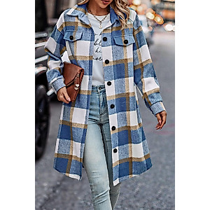 PRETTYGARDEN Women's Plaid Shacket 2025 Long Sleeve Button Up Flannel Shirt Winter Tartan Jacket Woolen Coats (Plaid Blue White,Medium)