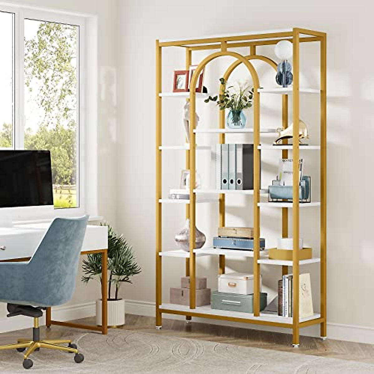 Tribesigns 5-Tier Bookshelf, Modern Tall Bookcase Book Shelf Organizer Freestanding Open Display Shelves for Bedroom Living Room Home Office, 70.8" H x 39.4" L, White/Gold