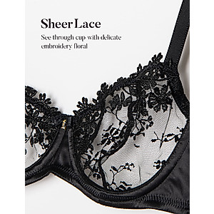 Wingslove Women's Sexy Lace Bra Demi Sheer Mesh Balconette See Through Bralette Unlined Underwire Embroidered (Black,34DD)