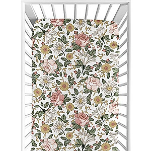 Sweet Jojo Designs Blush Pink Yellow Vintage Floral Boho Girl Baby Fitted Crib Sheet Set Infant Newborn Nursery Toddler Bed Room Standard Mattress 2pc Bohemian Shabby Chic Flower Farmhouse Sage White