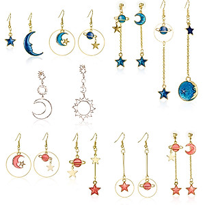 9 Pairs Star Moon Earrings for Women Earth Moon Earrings Dangle Planet Sun Moon Earrings Asymmetric Bohemia Moon Earrings