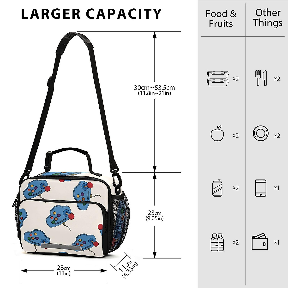 Game Joystick Control Lunch Bag for Women Men Cartoon Gamepad Insulated Cooler Tote Bag with Adjustable Shoulder Strap Large Capacity Reusable Leakproof Picnic Lunch Box Outdoor for Adult Office