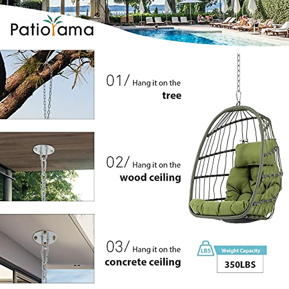 Patiorama Indoor Outdoor Egg Swing - Rattan Hanging Chair w/Cushion, 350lbs Capacity, All Weather Foldable Hammock Chair for Bedroom, Porch (Olive Green)
